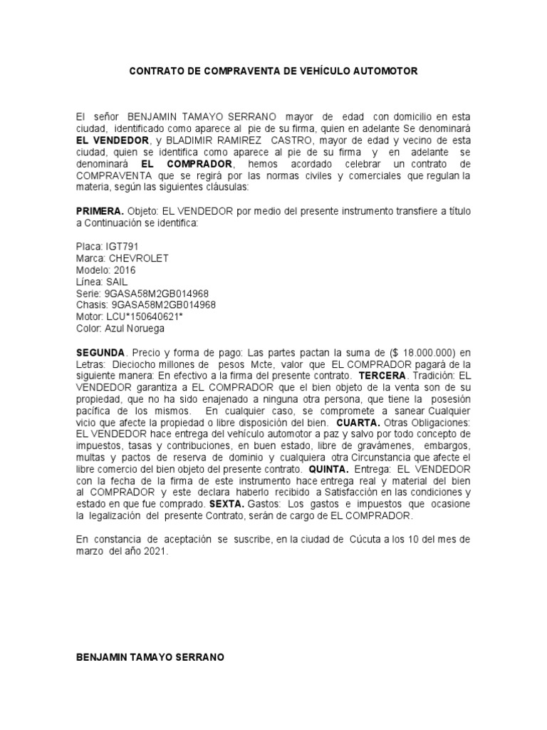 CONTRATO DE COMPRAVENTA DE VEHÍCULO AUTOMOTOR-1, Transito Poder. | PDF