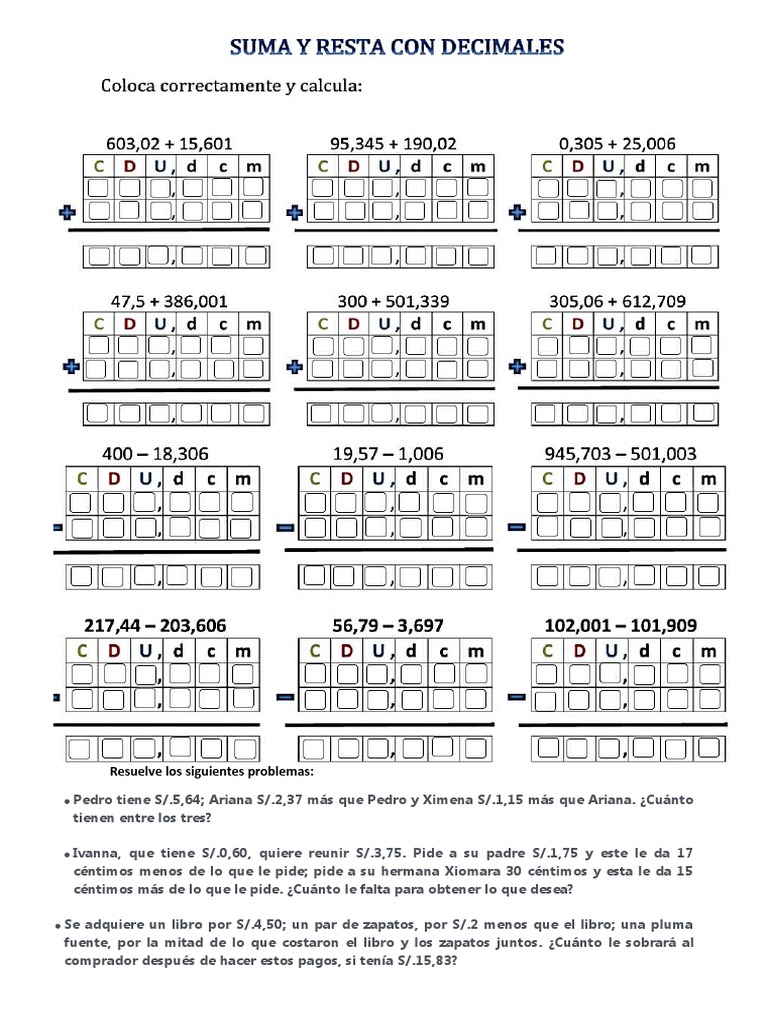 Ficha de Suma y Resta de Decimales | PDF