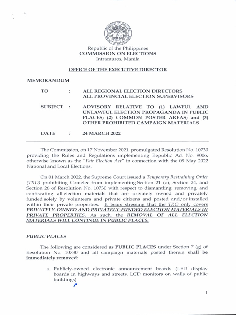 Advisory Relative To Lawful and Unlawful Election Propaganda in Public ...
