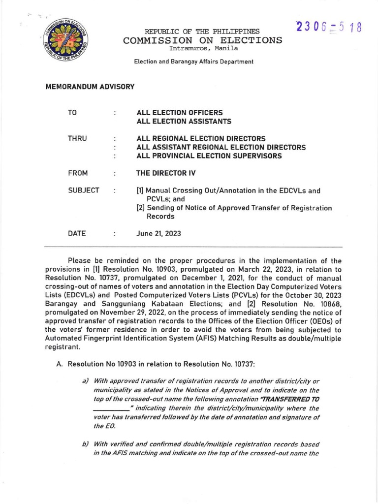 Manual Crossing Out Annotation in The EDCVLs and PCVLs and 2. Sending of Notice of Approved ...