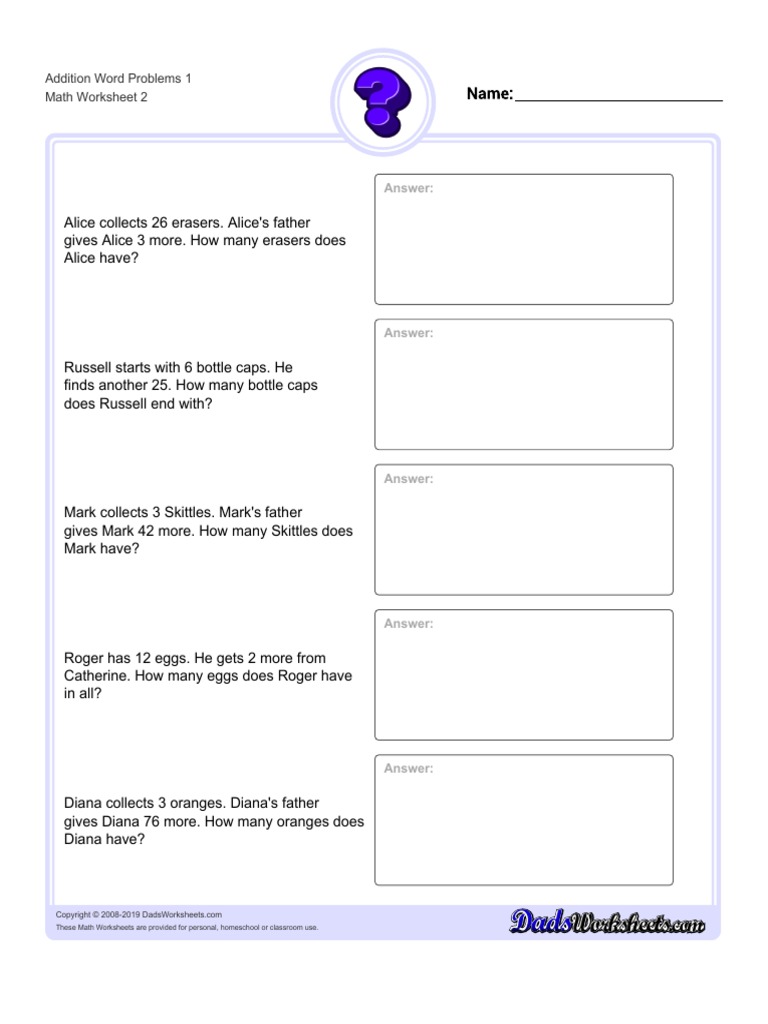 Math Worksheets - Word Problems - Word Problems - Addition Word ...