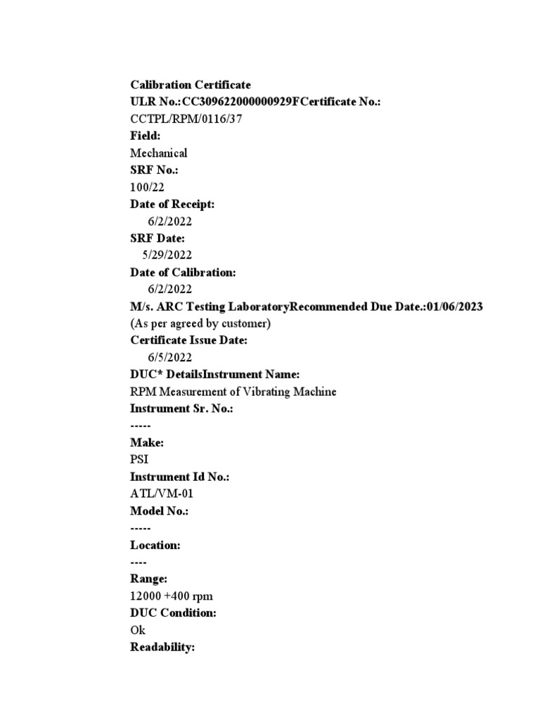 RPM Calibration Certificate Details | PDF | Computers