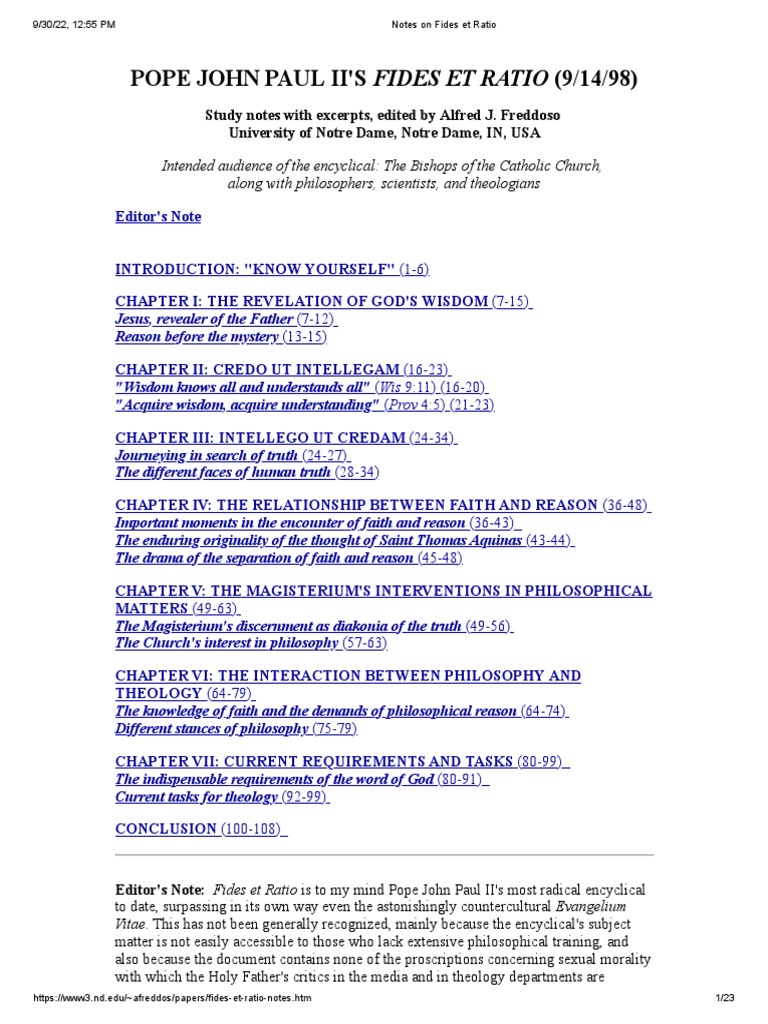 Notes On Fides Et Ratio | Download Free PDF | Faith | Reason