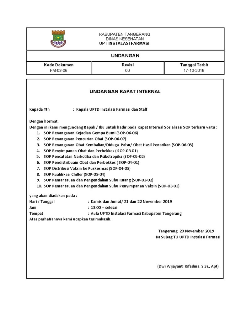 Undangan Rapat Internal SOP Farmasi | PDF