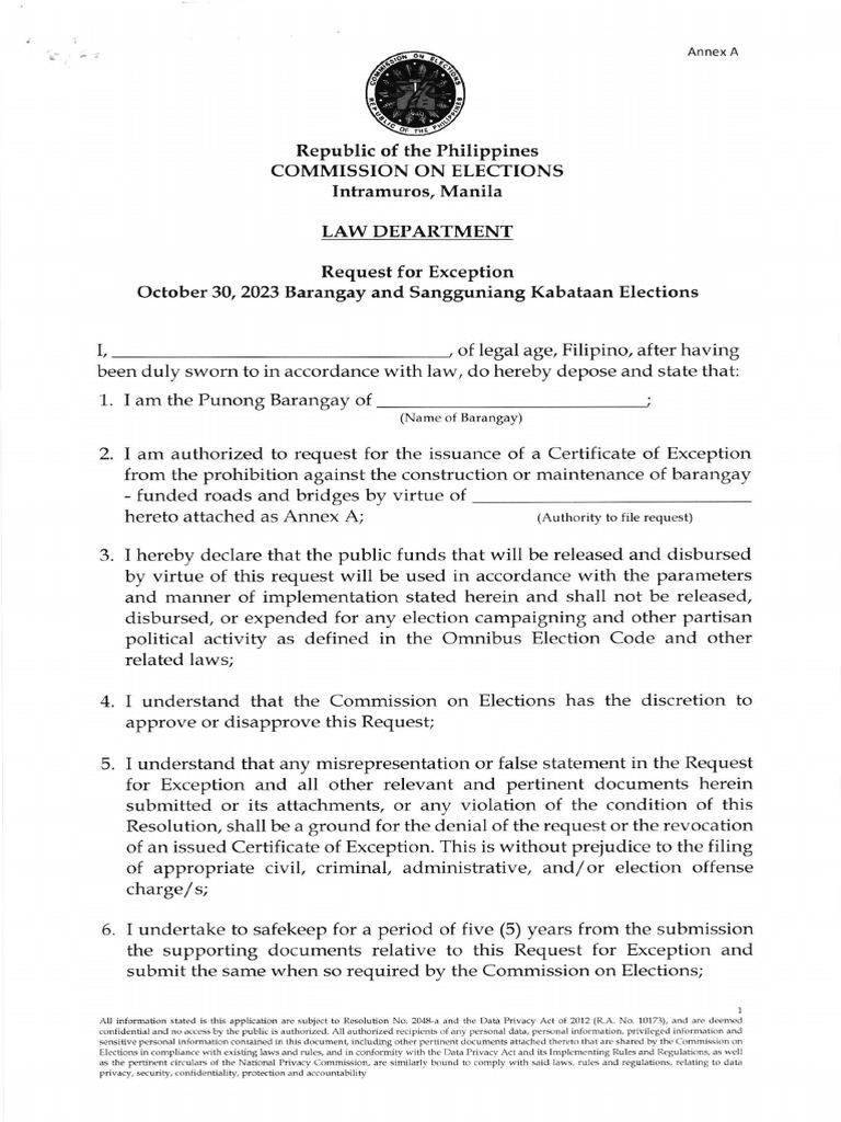 Request for Exception: Barangay Elections | PDF | Information Privacy ...