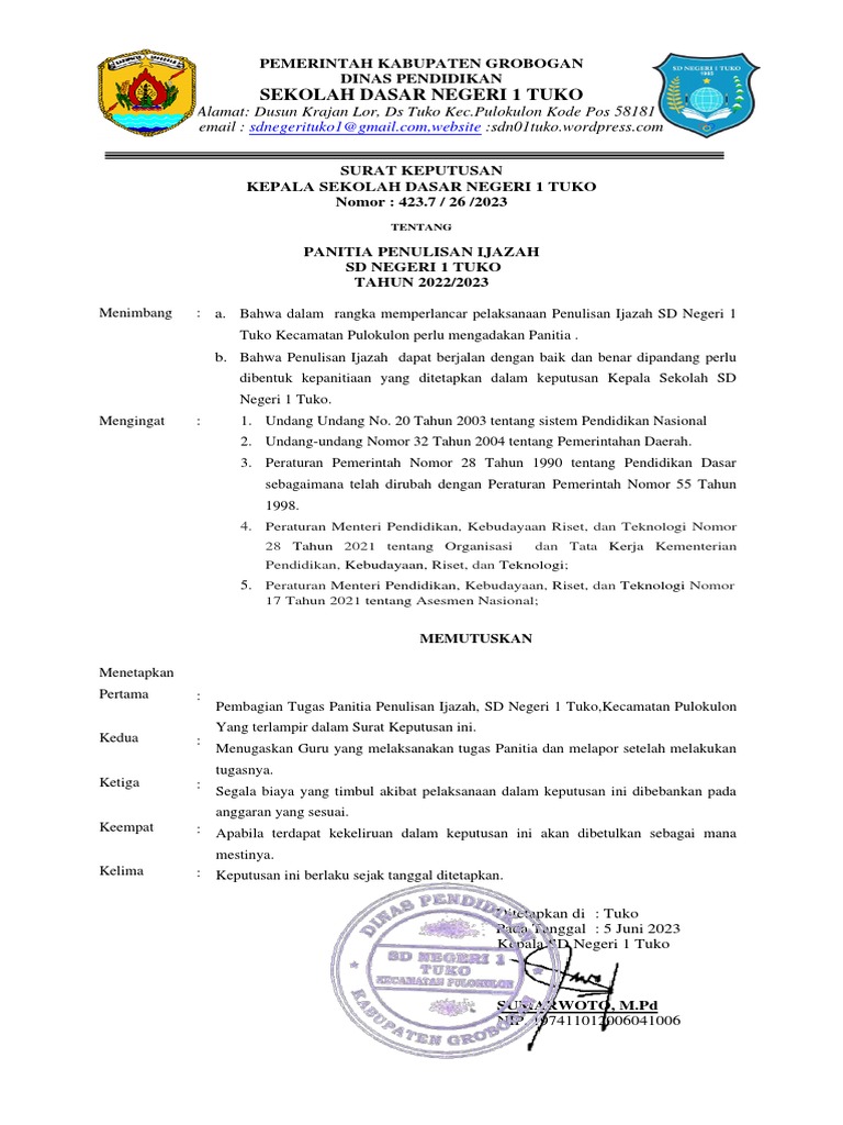 Panitia Penulisan Ijazah SD Tuko 2023 | PDF