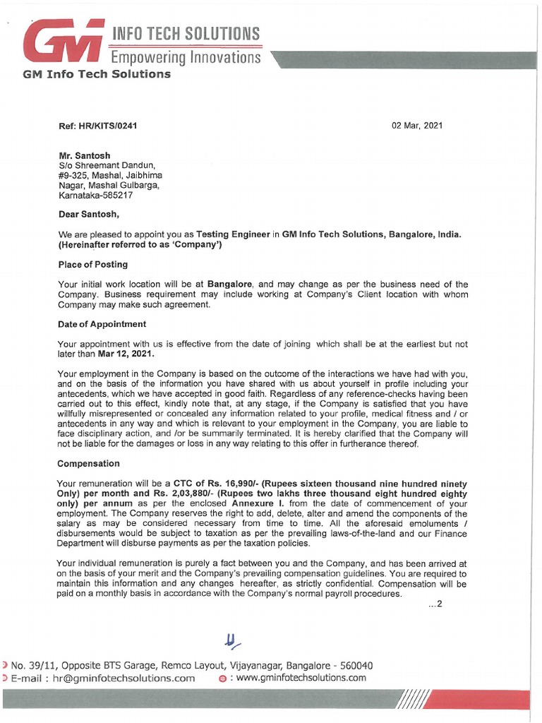 Offer Letter Santosh | PDF