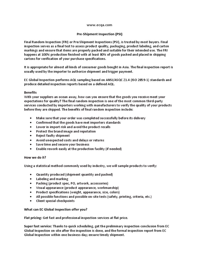 Pre-Shipment Inspection | PDF