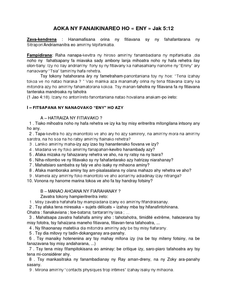 Aoka Ny Fanaikinareo Ho Eny (Jak 5, 12) | PDF
