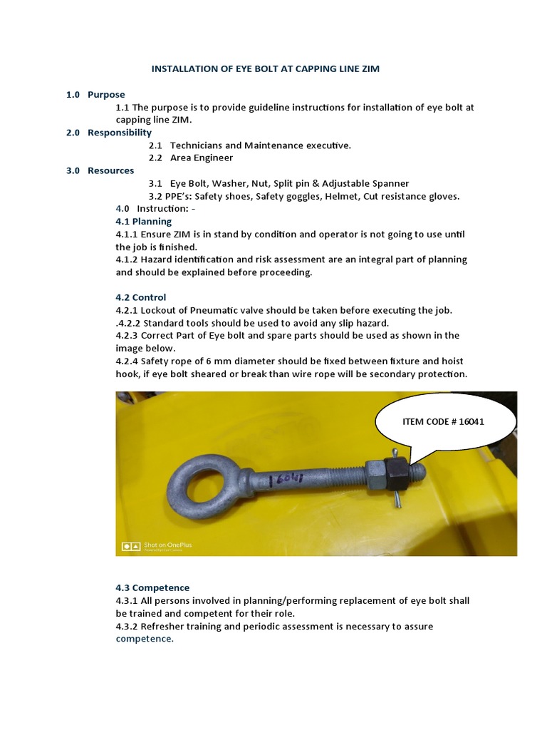 WI-0717 - Installation of Eye Bolt | PDF | Nut (Hardware) | Safety