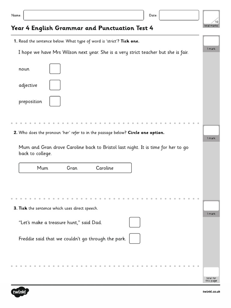 Year 4 English Grammar and Punctuation Test 4 | PDF