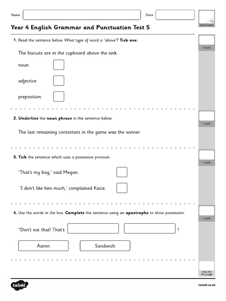 Year 4 English Grammar and Punctuation Test 5 | PDF
