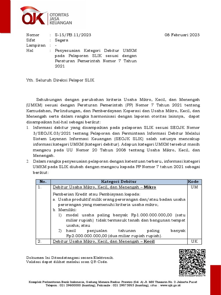 S-15 Penyesuaian Penyampaian Kategori Debitur UMKM Pada SLIK | PDF ...