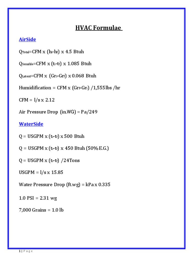 HVAC Formulae | PDF