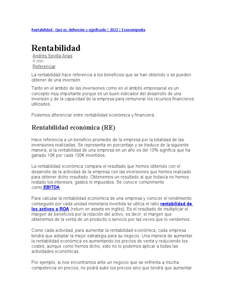 Rentabilidad | PDF | Rentabilidad sobre recursos propios | Apalancamiento (Finanzas)