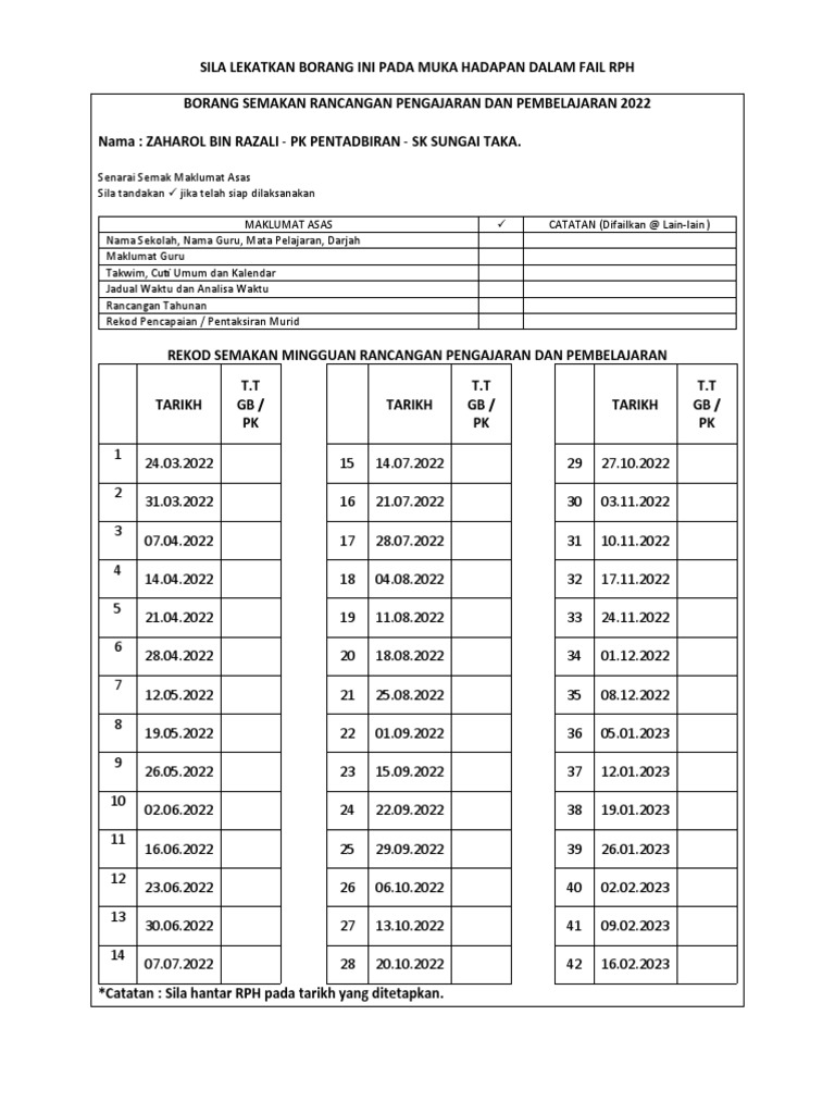 Rekod Semakan Mingguan RPH | PDF
