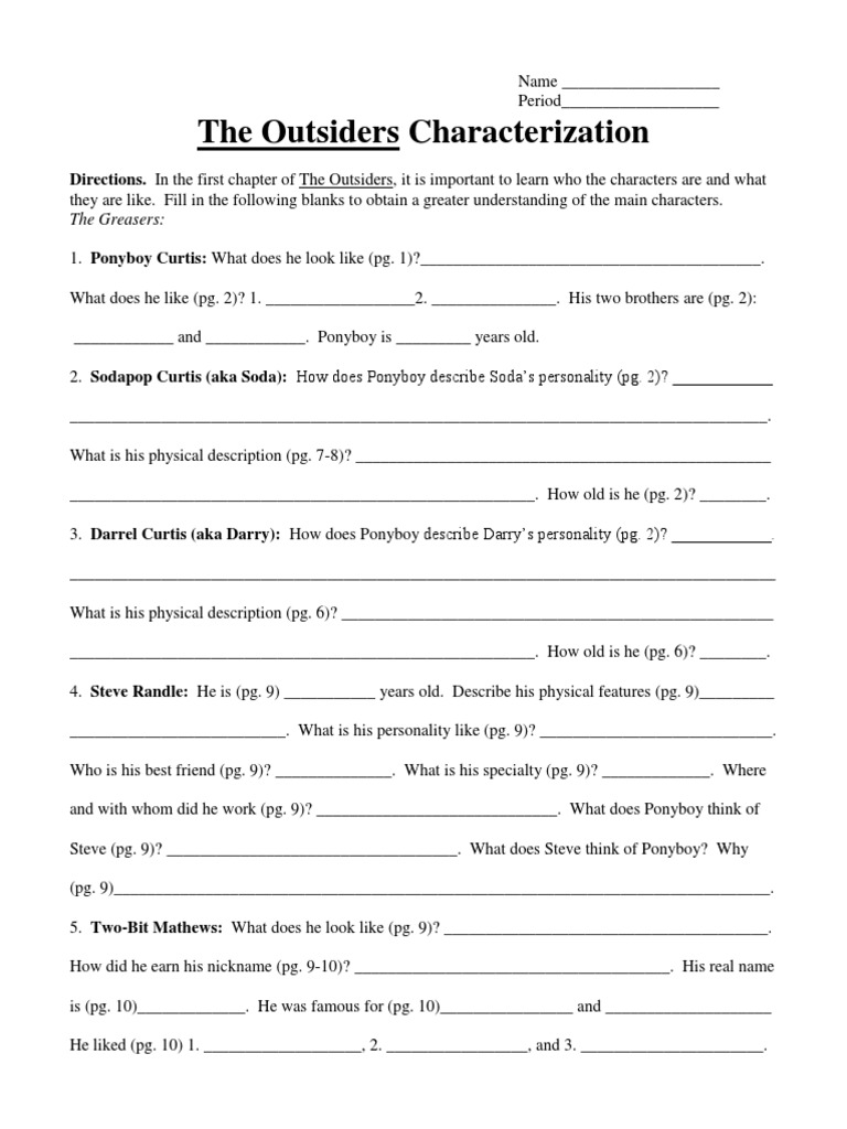 Outsiders Characerization Worksheet | PDF