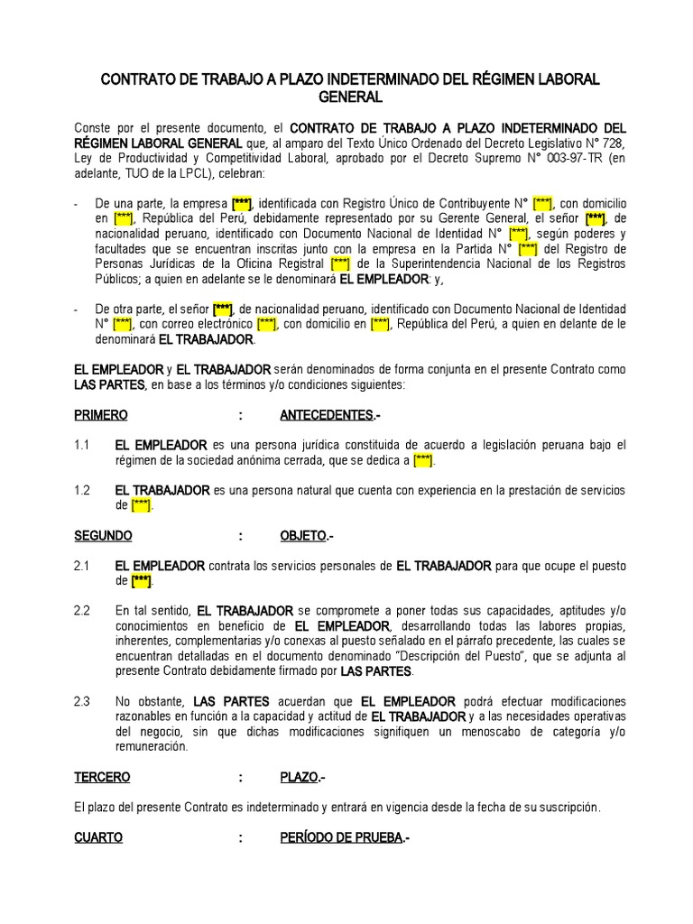 Contrato Laboral Indeterminado Perú | PDF