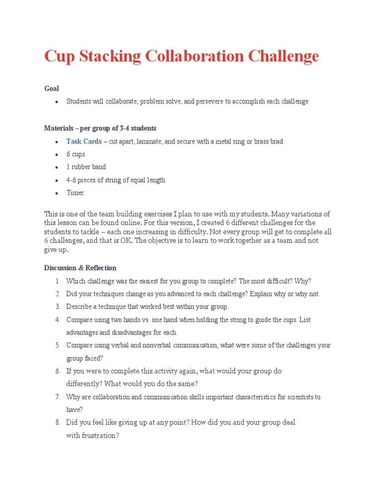 Cup Stacking Challenge Lesson Plan | PDF | Wellness