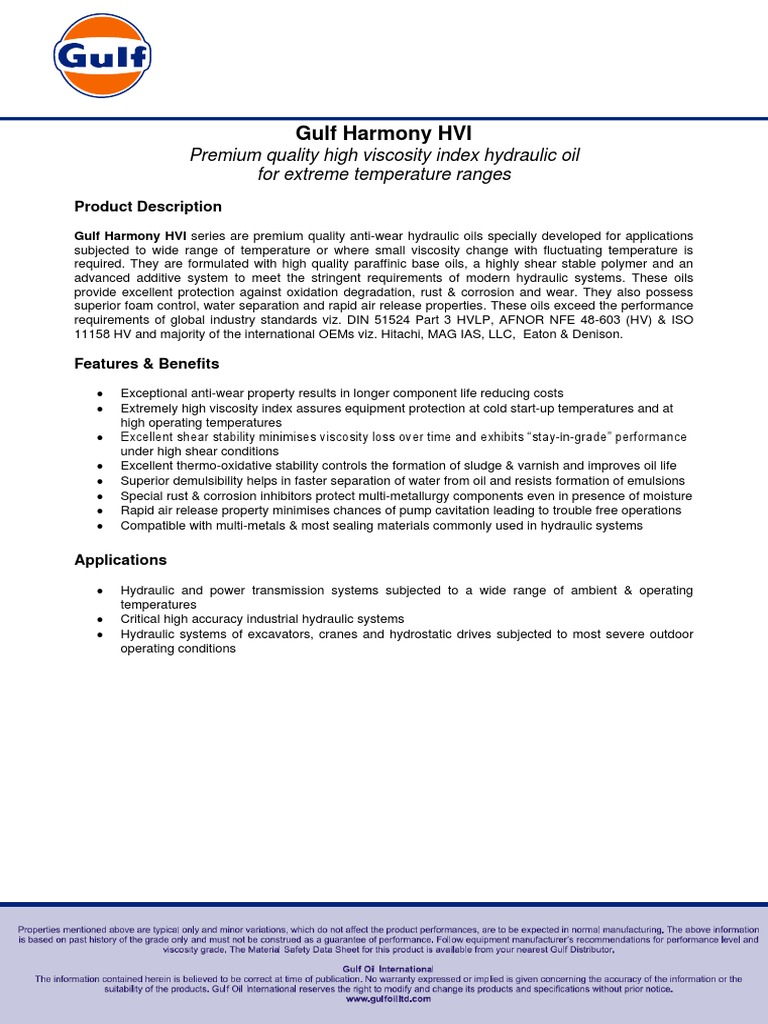 Gulf Harmony HVI Hydraulic Oil Overview | PDF | Corrosion | Rust
