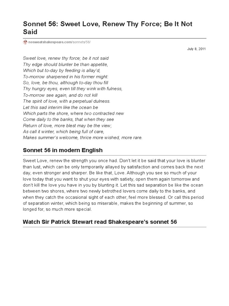 Sonnet 56 - Sweet Love, Renew Thy Force Be It Not Said | PDF
