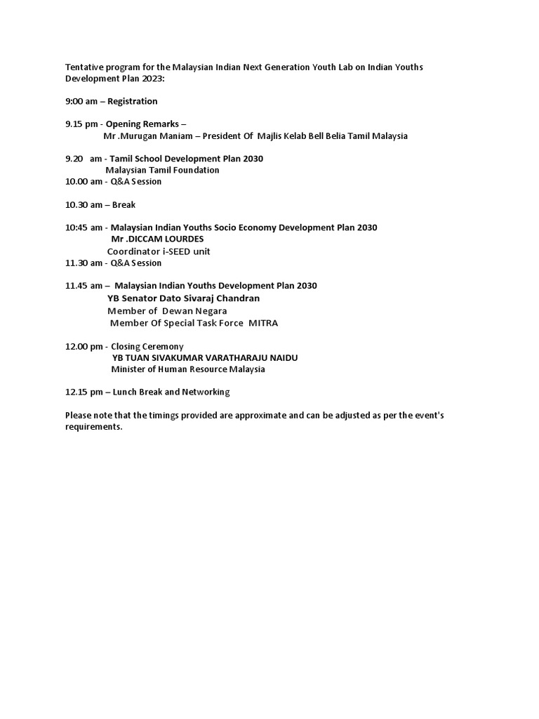 Tentative Program For The Malaysian Indian Next Generation Youth Lab On ...