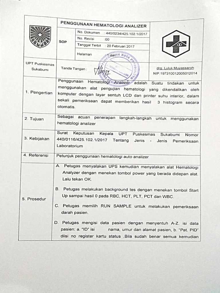 Sop Hematologi Analyzer | PDF
