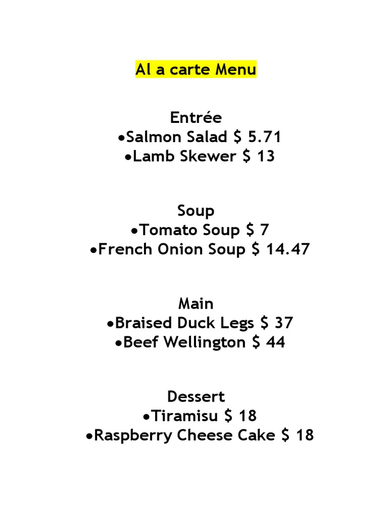 Ala Carte Menu | PDF | Cakes | Garlic