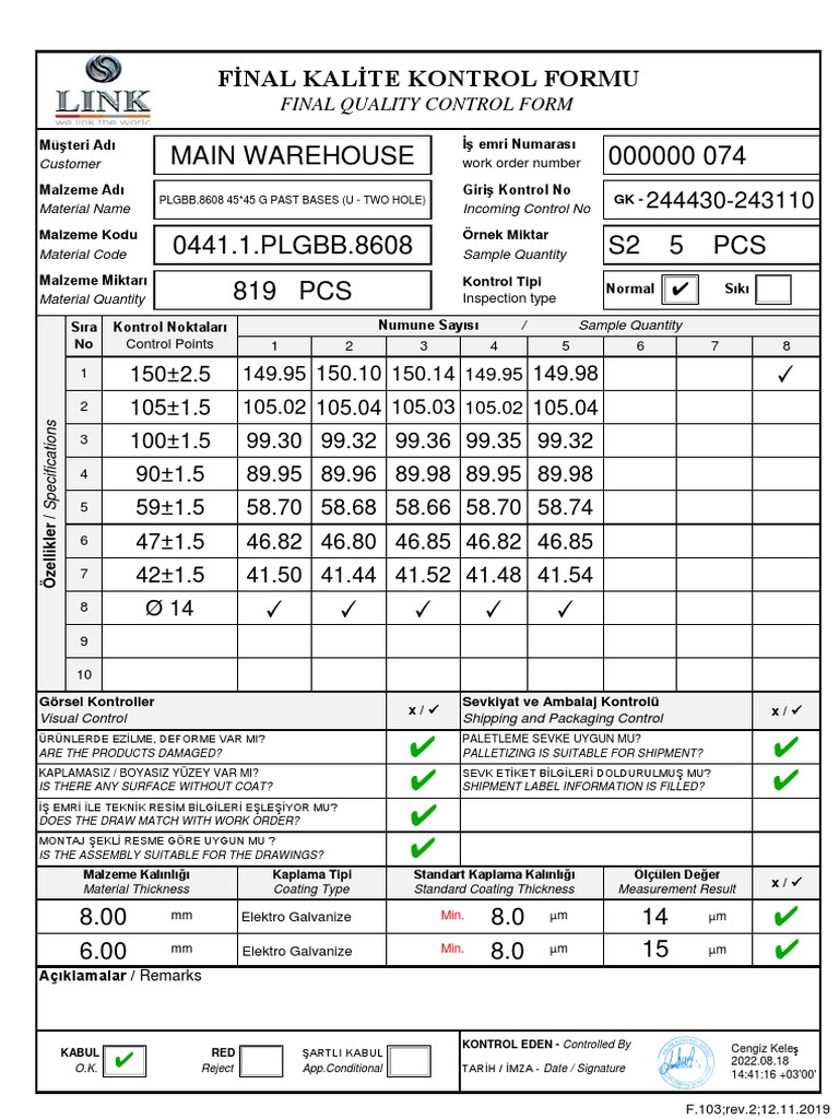 Main Warehouse 000000 074: Final Kalite Kontrol Formu | PDF