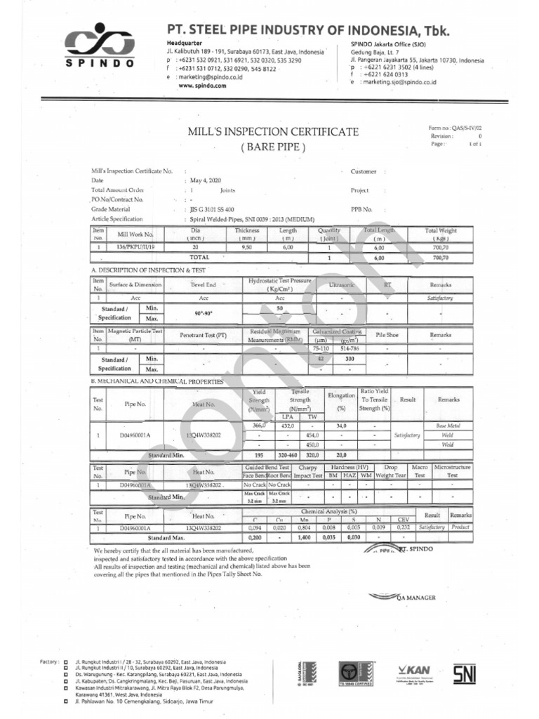 CONTOH CERT. SNI 0039 MEDIUM 20 Inch - Galva | PDF