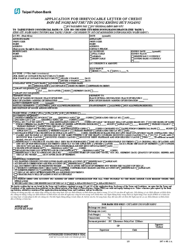 Irrevocable Letter of Credit Application | PDF | Bill Of Lading | Cargo