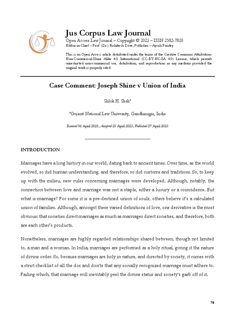Case Comment: Joseph Shine V Union of India | PDF | Adultery | Justice