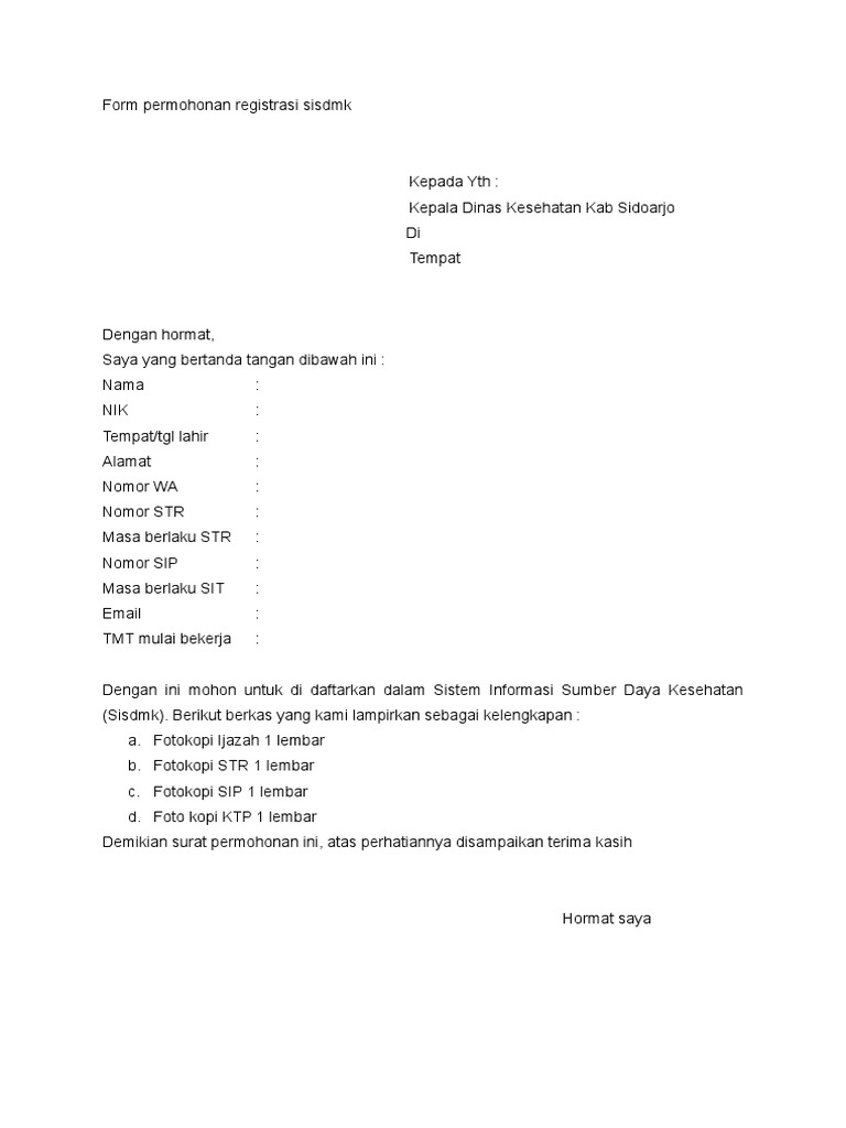 Form Permohonan Registrasi Sisdmk | PDF