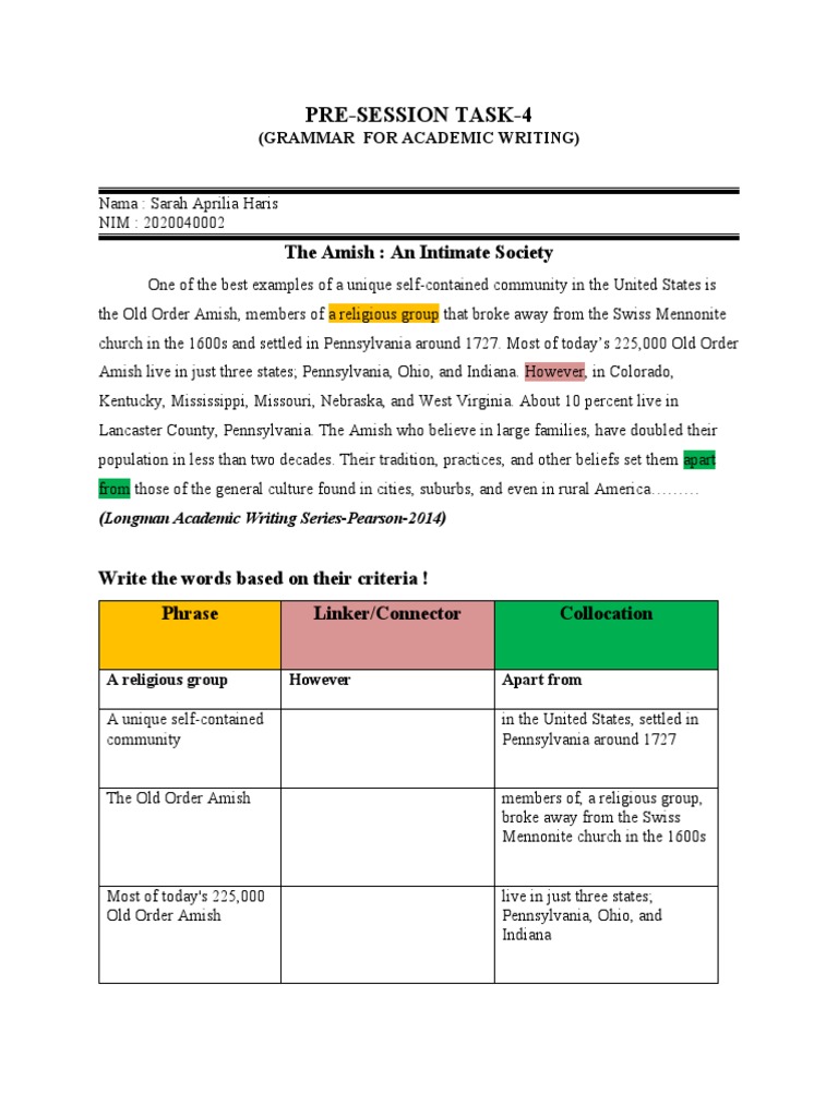 36pre Session Task-Grammar For Academic Writing (1) - Sarah Aprilia Haris | PDF