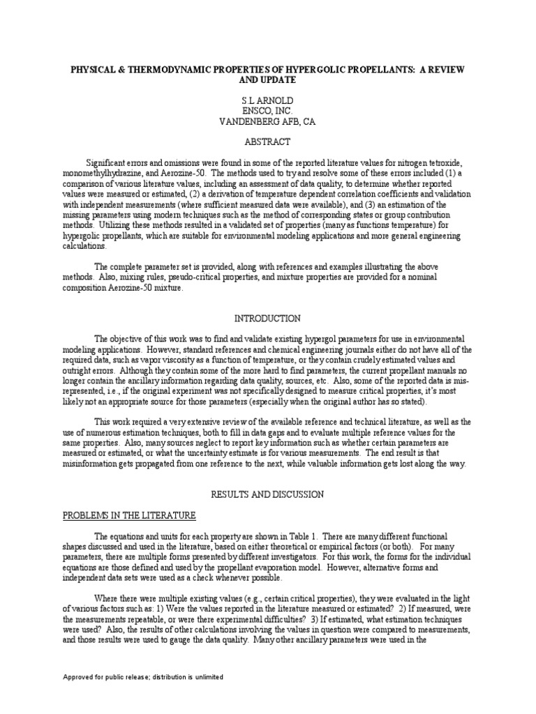 1 Physical And Thermodynamic Properties Of Hypergolic Propellants A