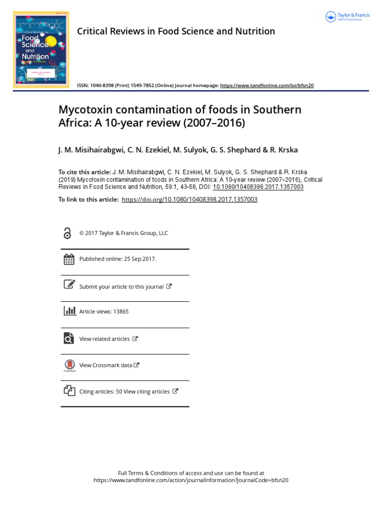 Mycotoxin Contamination of Foods in Southern Africa A 10 Year Review ...
