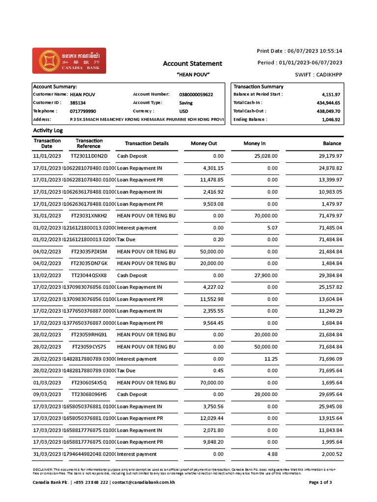 Canadia Bank Account Statement Summary | PDF | Loans | Banks