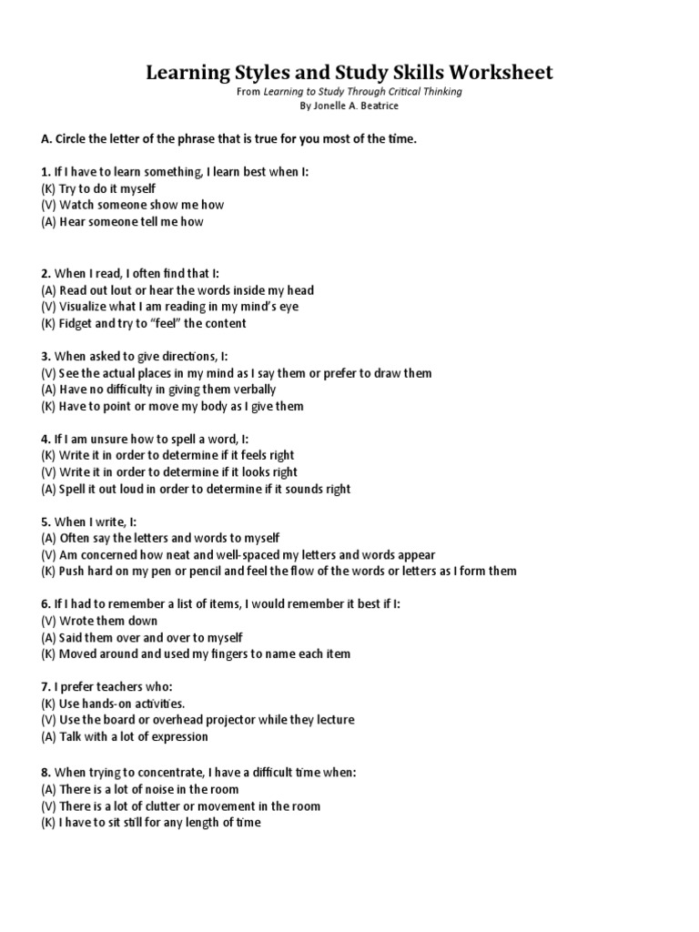 Learning Styles Inventory Worksheet | PDF | Neuroscience | Learning