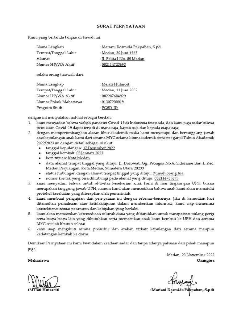 Surat Pernyataan Kepulangan Mahasiswa | PDF
