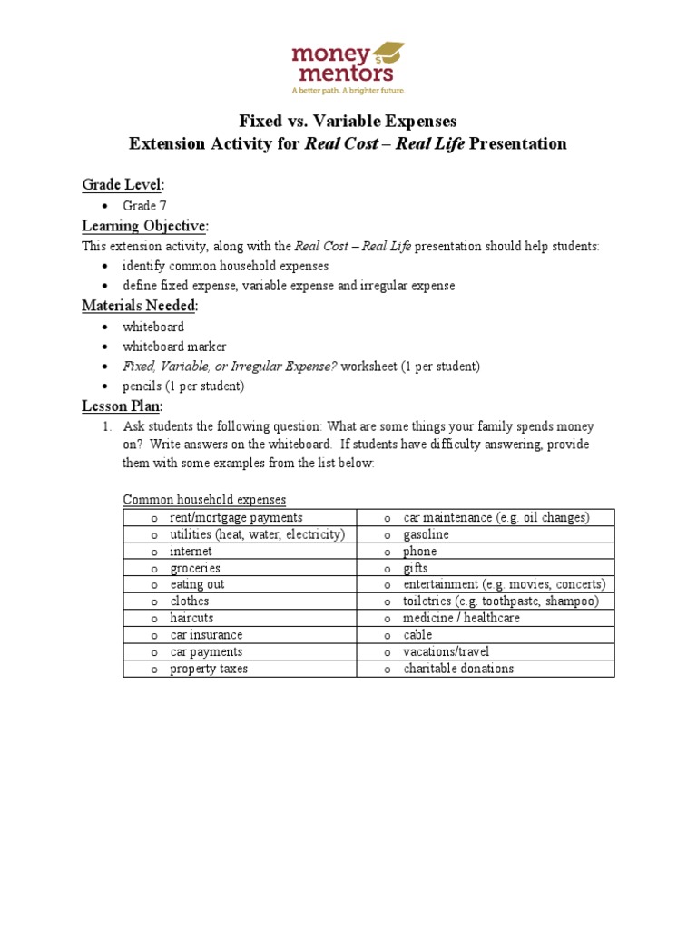 Fixed vs. Variable Expenses Grade 7 | PDF | Mortgage Loan | Economies Fixed vs. Variable Expenses Grade 7 | PDF | Mortgage Loan | Economies