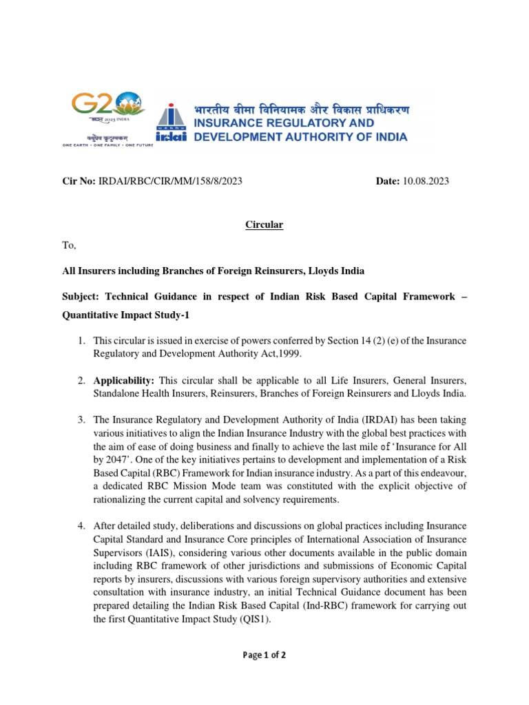 Technical Guidance in Respect of Indian Risk Based Capital Framework ...