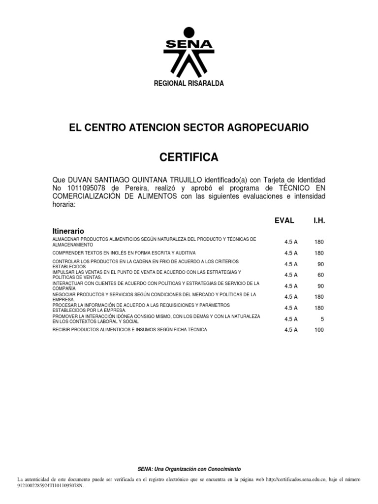 Certifica: El Centro Atencion Sector Agropecuario | PDF