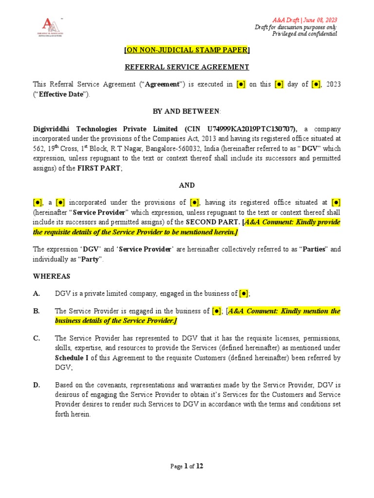 21.06.2023 - Referral Services Agreement (Veterinary Doctor) - DGV (A&A Draft) | PDF | Finance ...