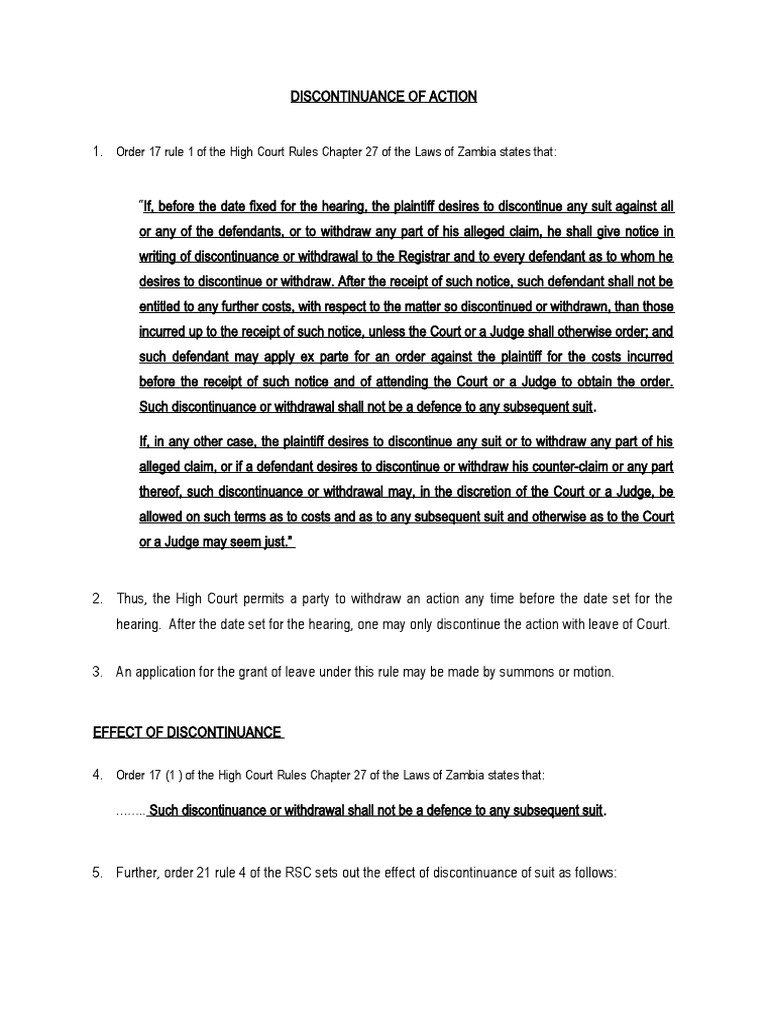 Discontinuance of Court Actions in Zambia | PDF