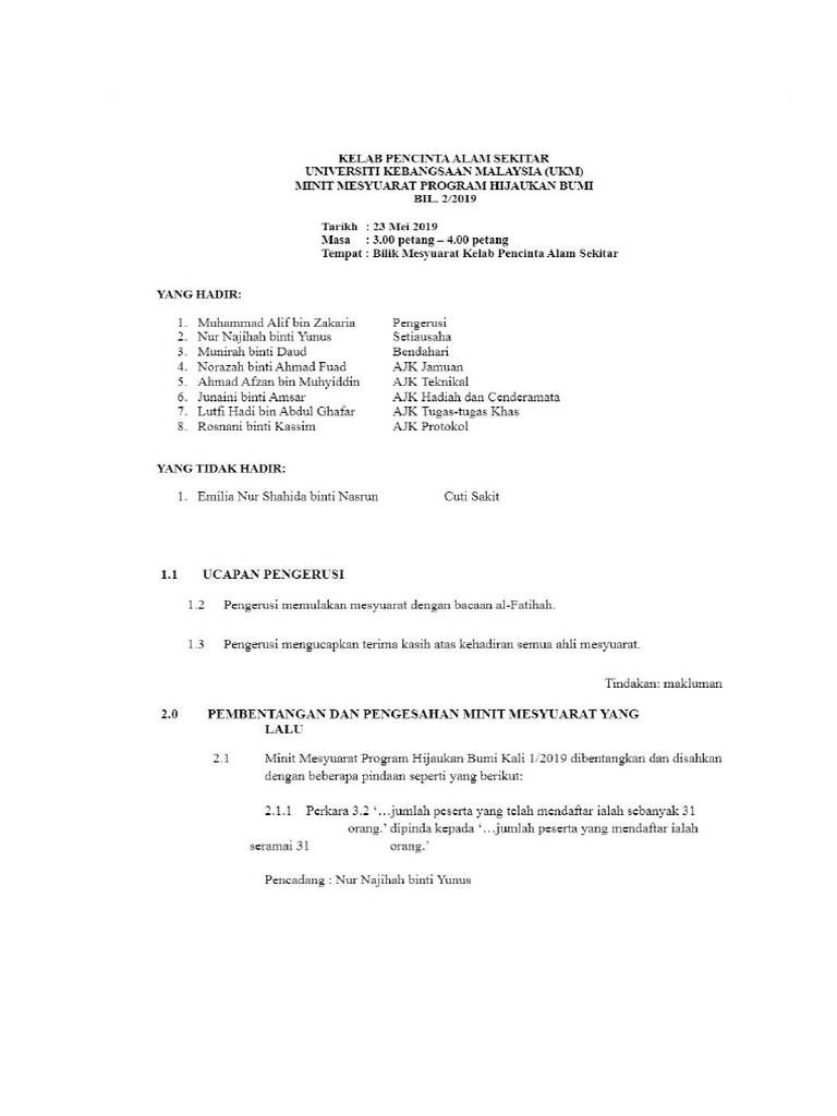 Contoh Minit Mesyuarat Program | PDF