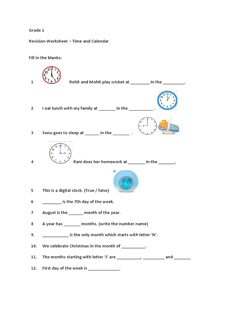 Time and Calendar Worksheet for Grade 1 | PDF | Career & Growth ...