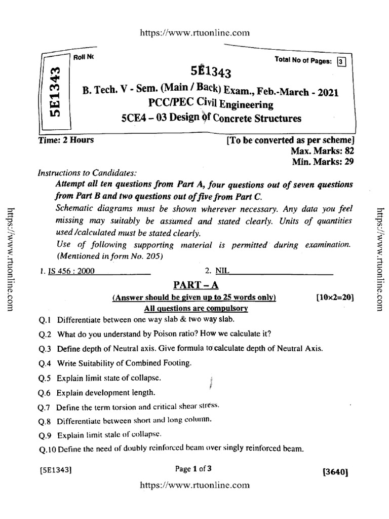 Btech Ce 5 Sem Design of Concrete Structures 5e1343 Mar 2021 | PDF Btech Ce 5 Sem Design of Concrete Structures 5e1343 Mar 2021 | PDF