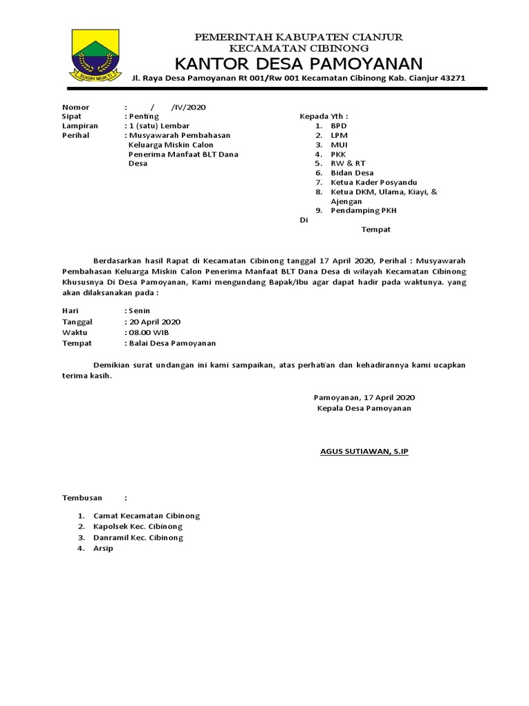 Surat Undangan Musyawarah BLT Dana Desa | PDF