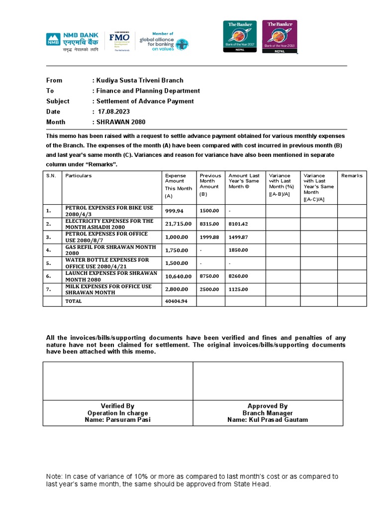 Advance Payment Settlement Memo | PDF