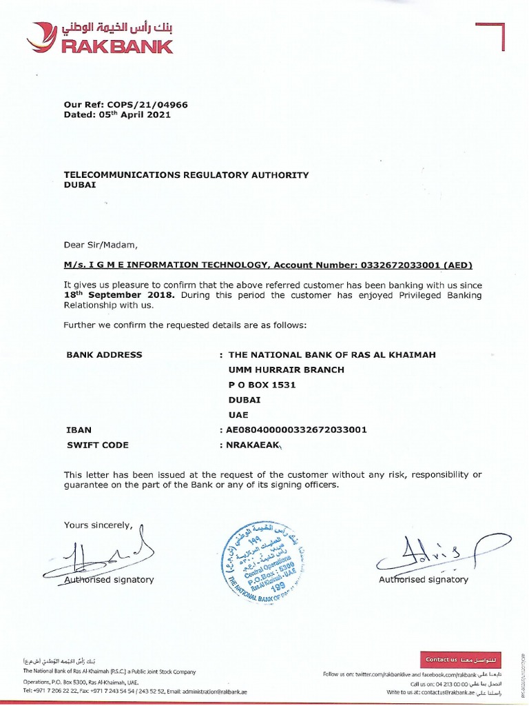 RAK Bank Reference Letter | PDF